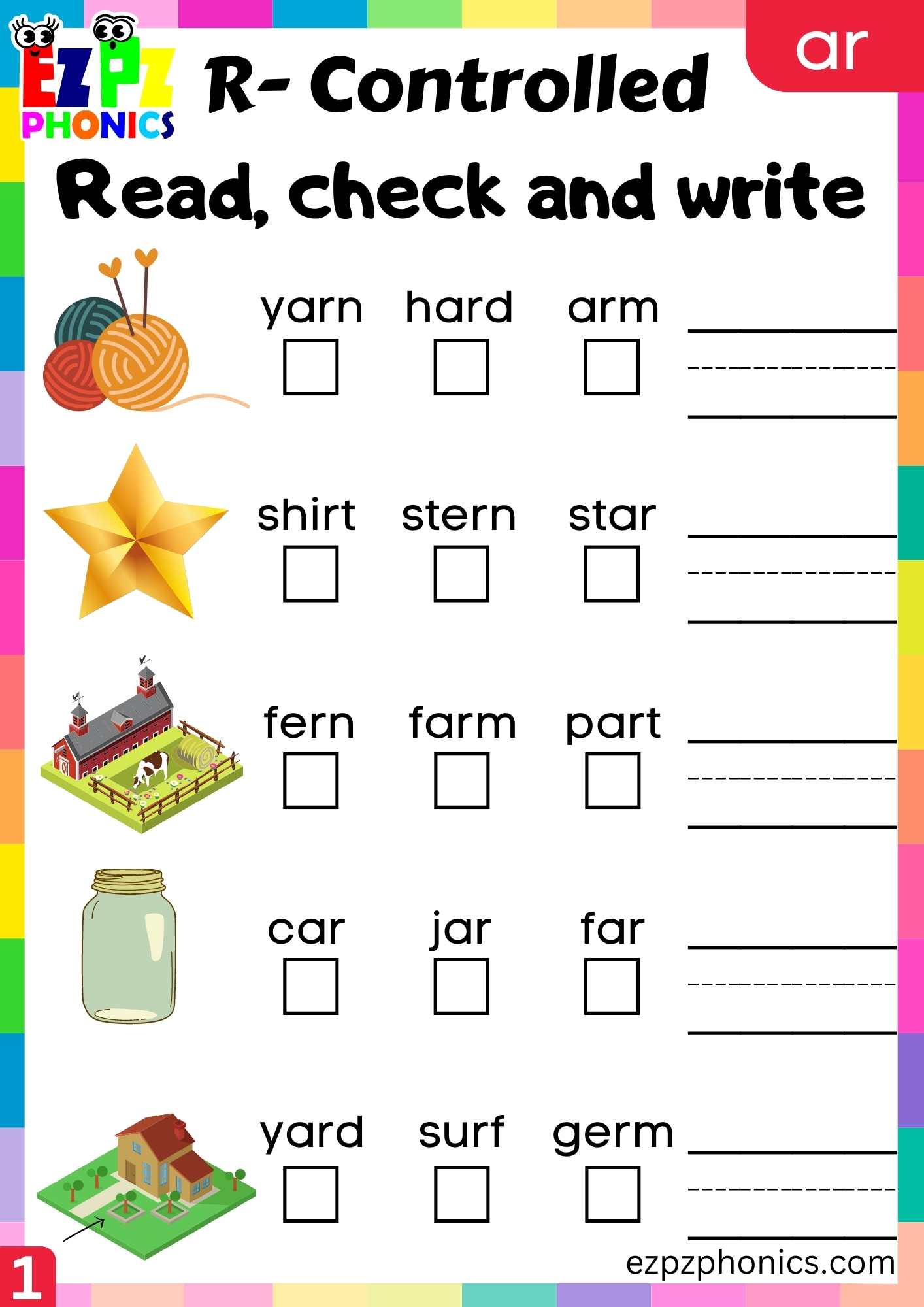 Read check and write worksheet for ar words R controlled vowels phonics group 1 - ezpzphonics.com